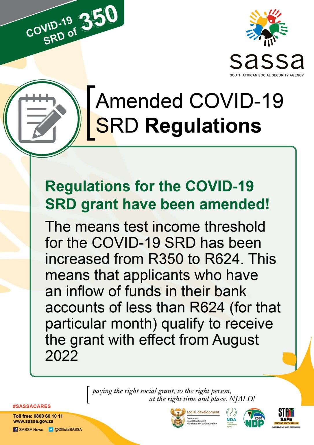 Is the SRD R350 Grant being increased to R624 or R700?