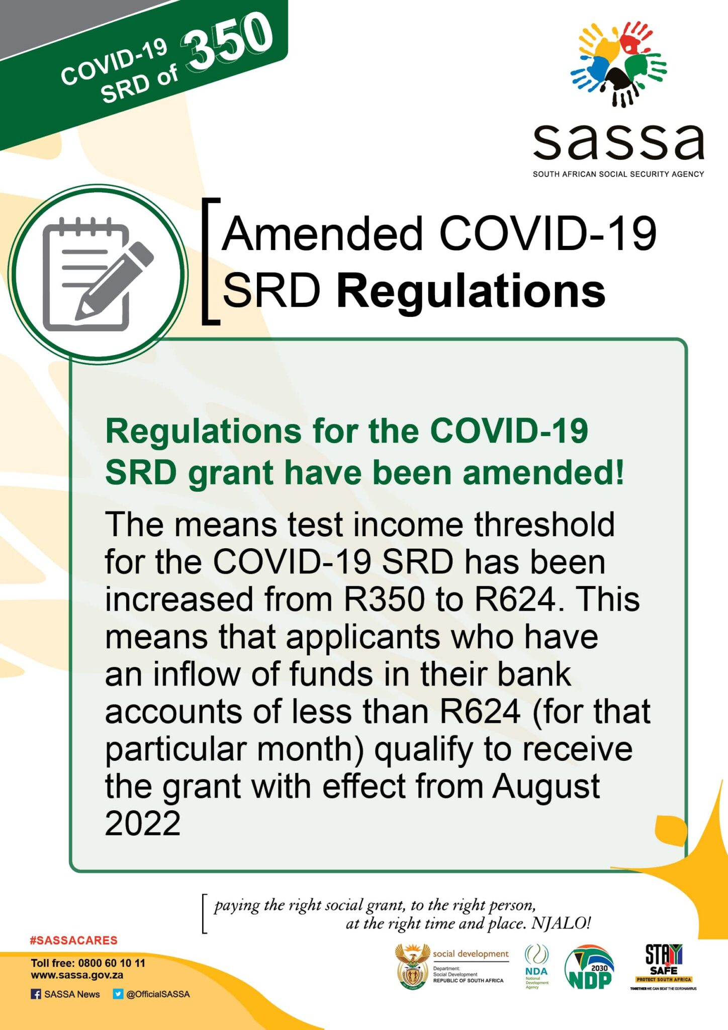Is the SRD R350 Grant being increased to R624 or R700?